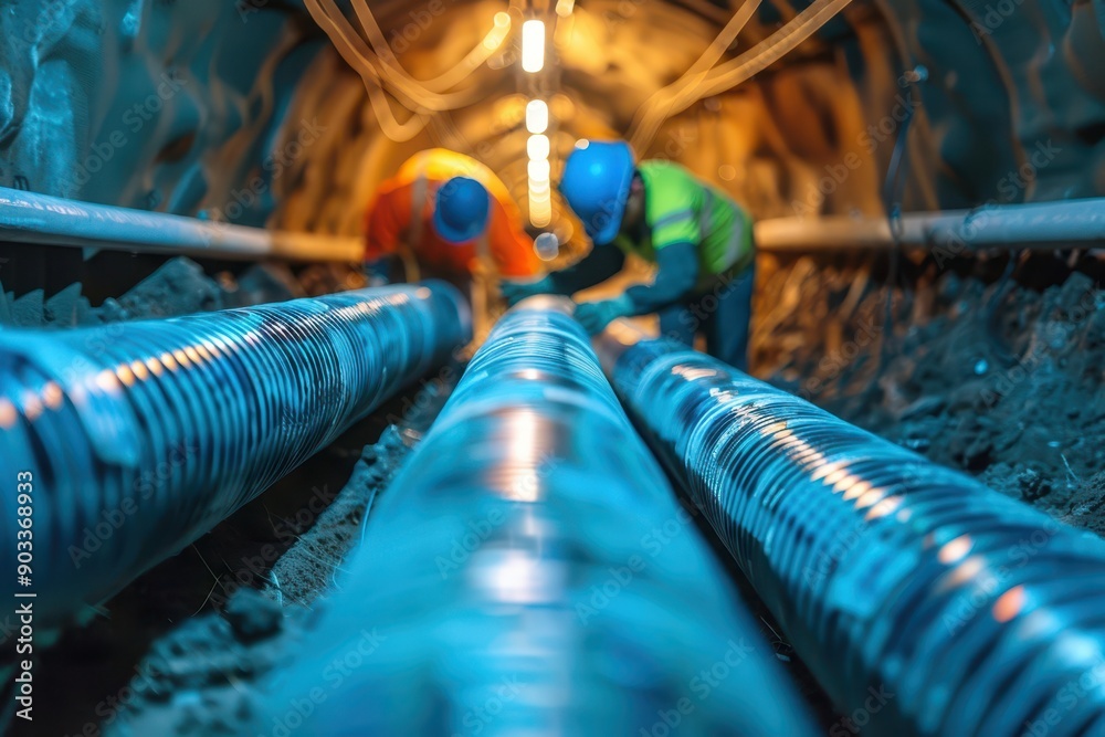 Engineers installing fiber optic cables underground to improve internet ...