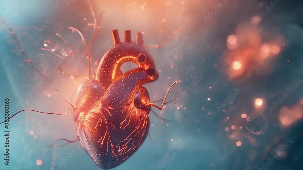 A hyper-realistic 3D model of a human heart in an ethereal, glowing ...