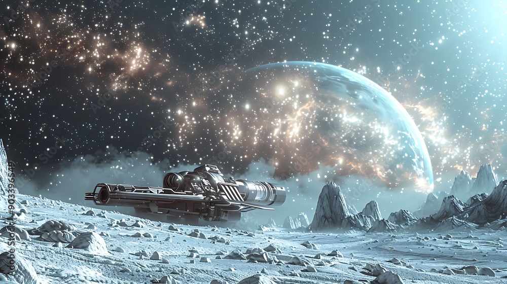 A futuristic spacecraft landing on a distant planet, with robotic arms ...