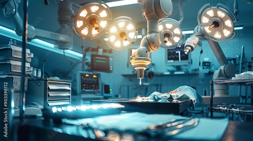 A high-tech operating room with robotic surgical arms performing a precise operation, surrounded ...