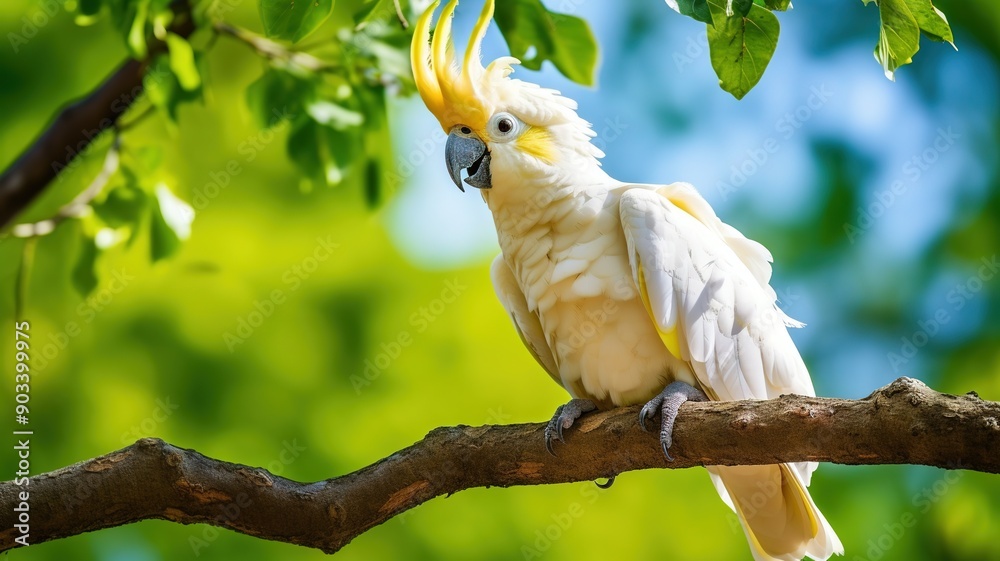 Cockatoo parrot sitting on a green tree branch in Australia. Big white ...