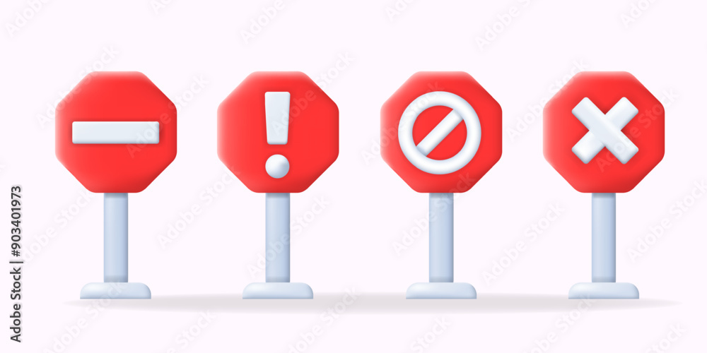 3D vector illustration red stop signs with different symbols: minus ...