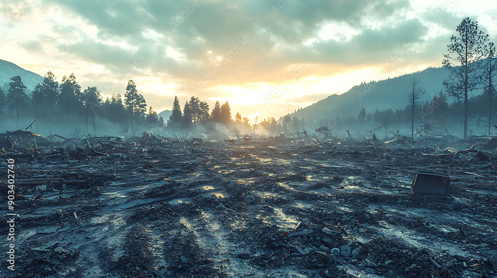 Aftermath of a landslide debris field, search and rescue somber Stock ...