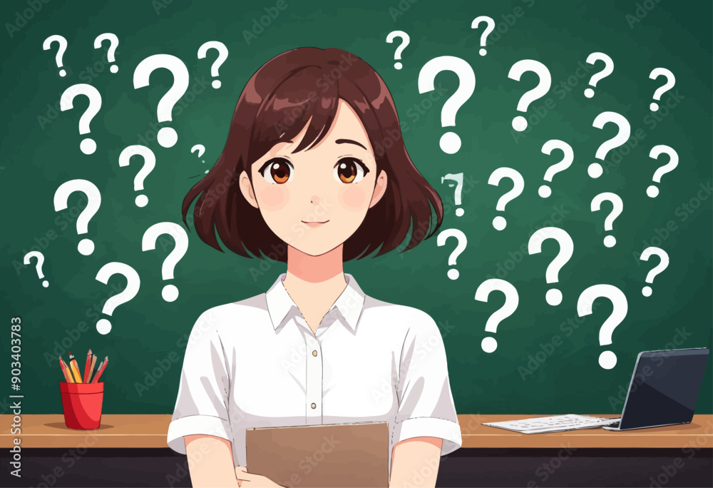 Inquisitive Teacher with Question Marks Floating Around Her Stock ...