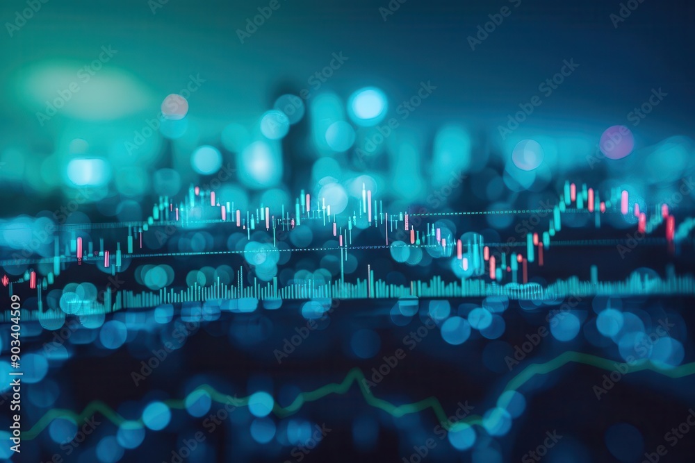 Forex chart with candlestick patterns, blue and green color scheme ...