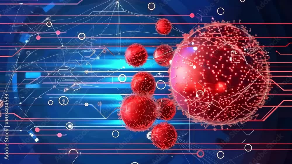 Digital representation of a virus with technological elements on a blue ...