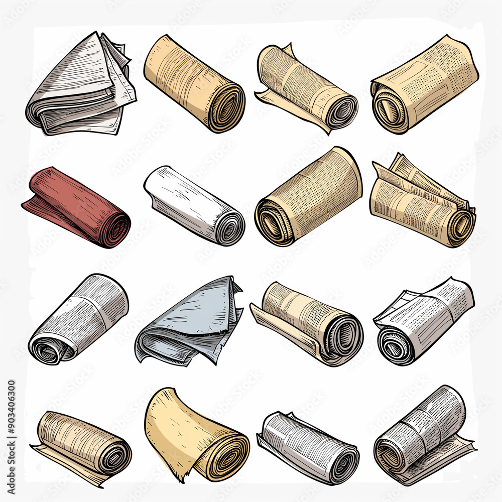 Flat Hand-Drawn Icons of Rolled Up Newspapers - Simple Vector ...