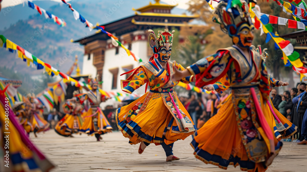 Thimphu Tshechu dancers in traditional Bhutanese costumes and elaborate ...
