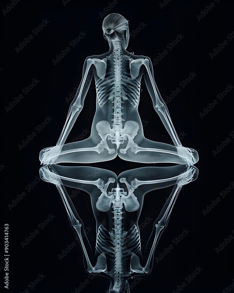 An X-ray image of a human skeleton in a seated meditative yoga pose ...