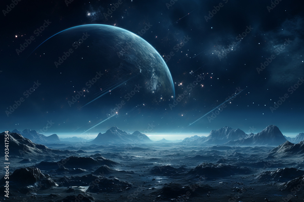Sci-Fi Landscape of Distant Planet with Blue Gas Giant, Nebulae, and ...