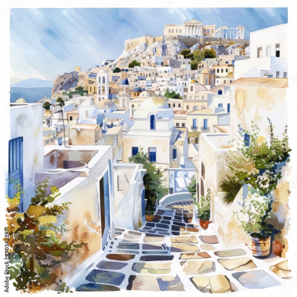 Watercolor painting of a Greek cityscape with white-washed buildings ...