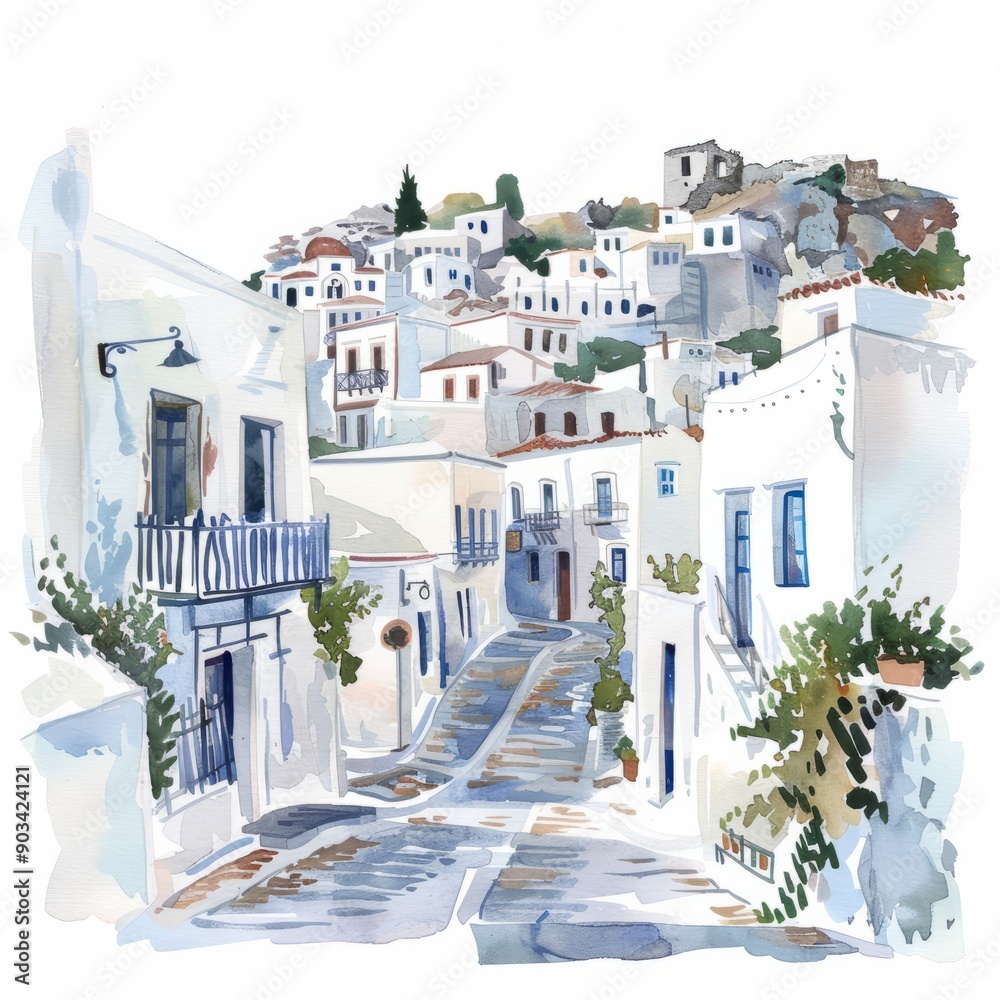 Watercolor painting of a Greek cityscape with white-washed buildings ...