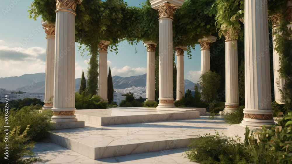 This impressive podium, highlighted by grand pillars, showcases the ...