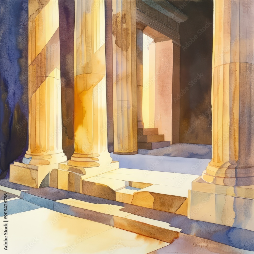 Watercolor painting of a Greek temple glowing in the light of sunset ...