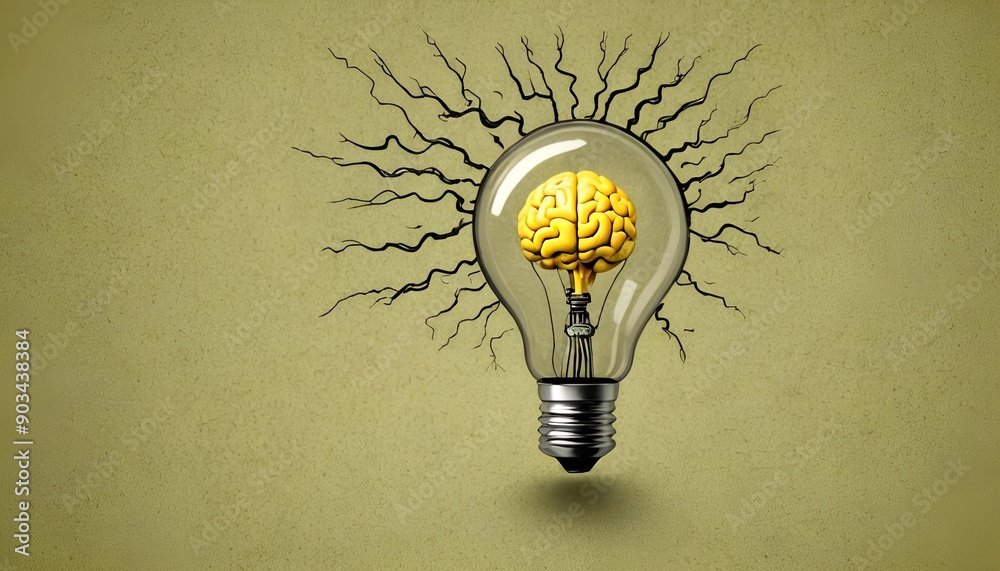Concepto de idea cerebral con foco y cerebro rayos y fondo amarillo ...