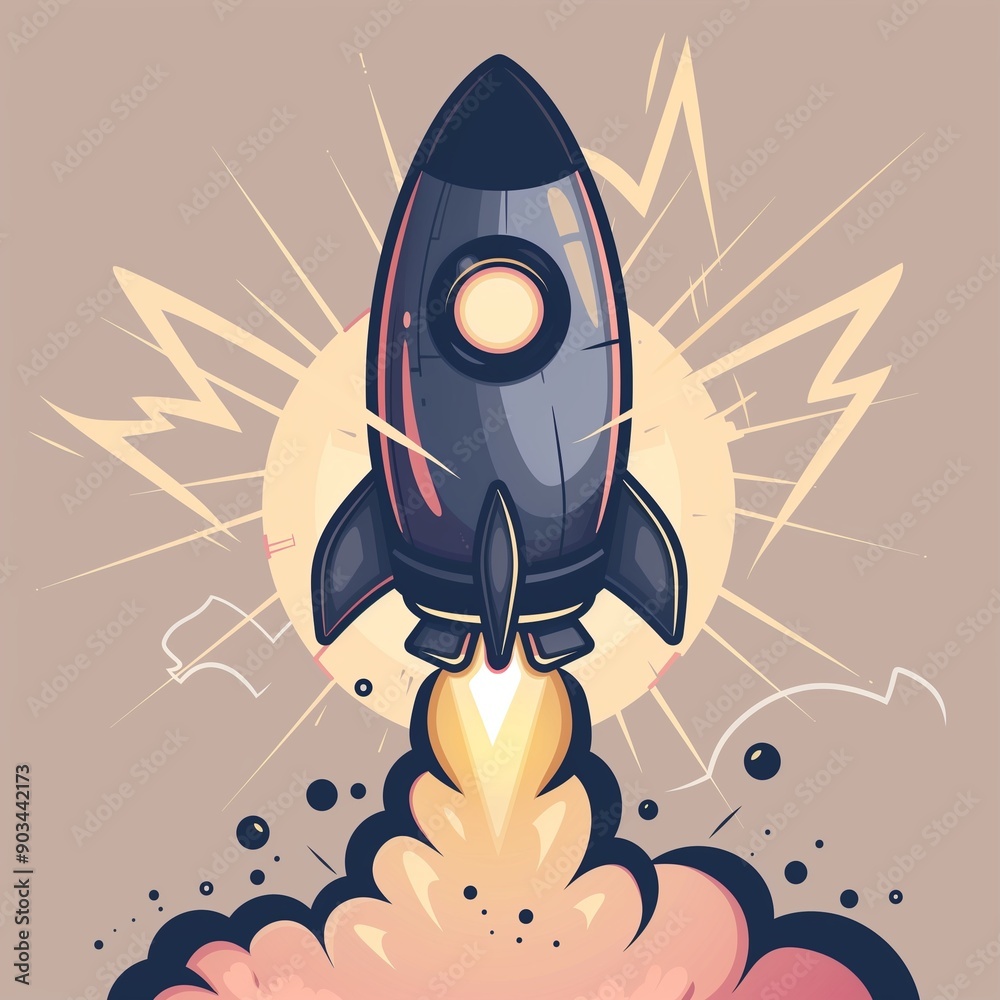 Cartoon Rocket Launch Illustration with Space Theme and Bright Colors ...