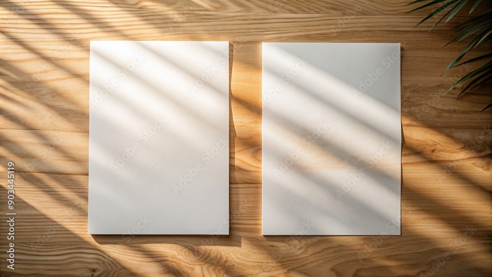 Mockup of two blank sheets of paper with sunlight shade from top view ...
