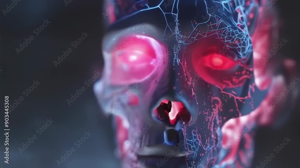 A chilling depiction of human and AI integration, resembling a skull ...