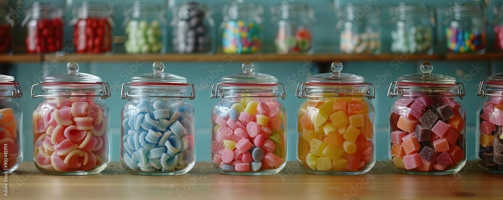 Candy display in glass jars, candy assortment, tempting treats Stock ...
