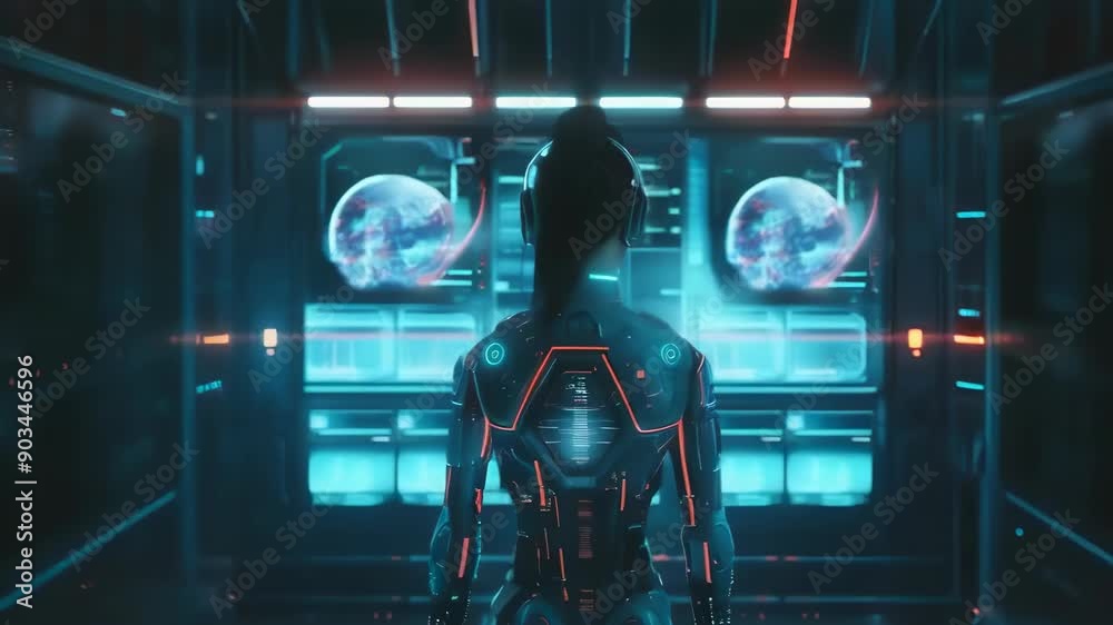 A futuristic scene features a woman operating an advanced holographic ...