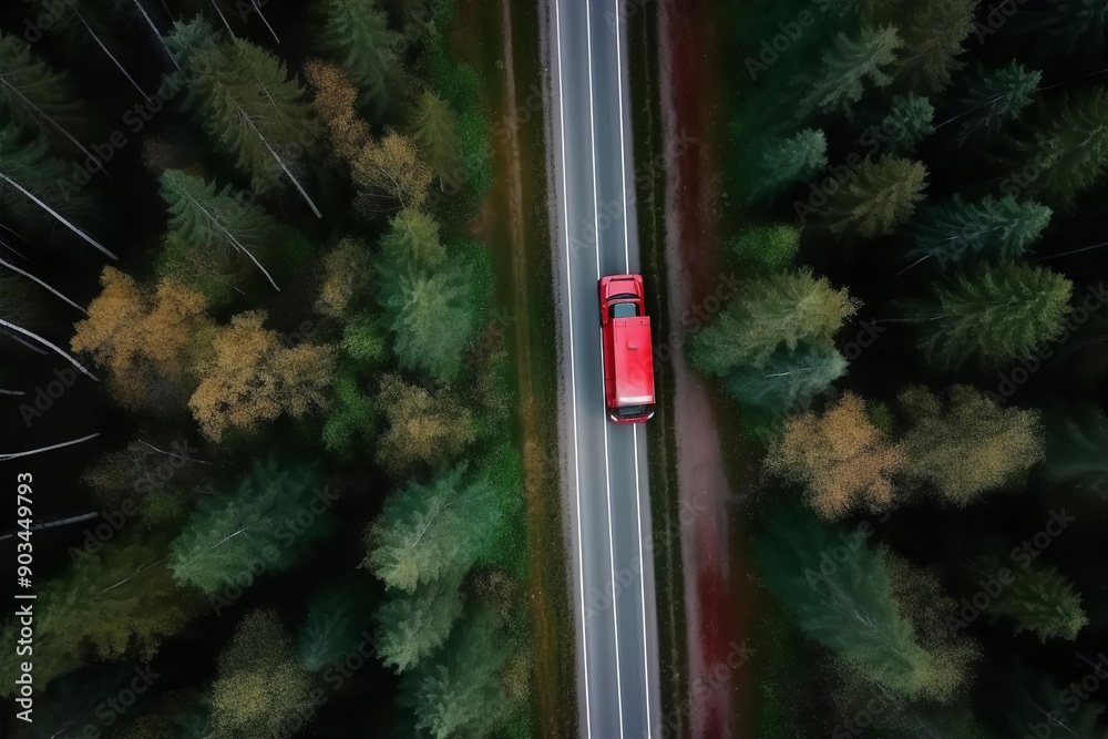 Aerial View of Red Heavy Truck Navigating Narrow Road, red truck, heavy ...