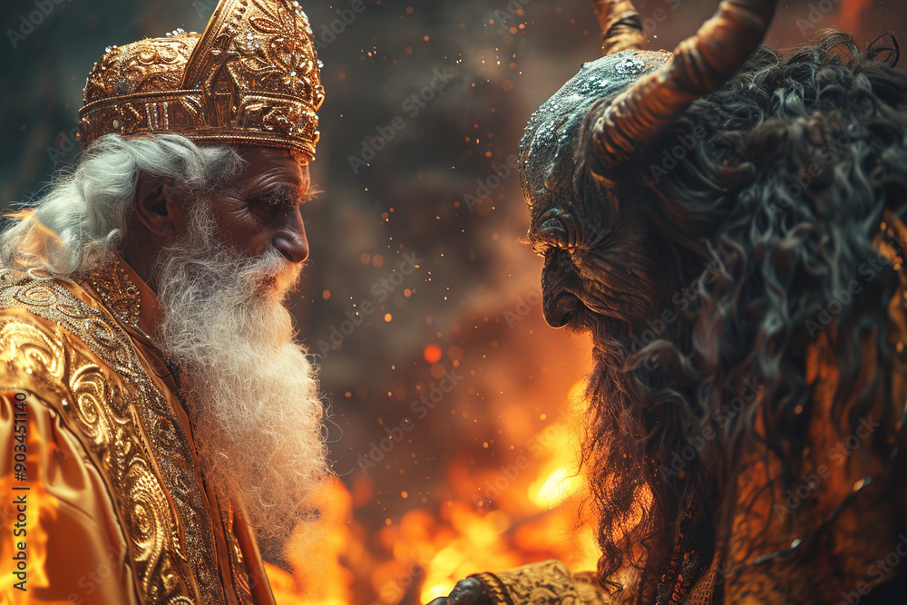 Catholic Christian bishop priest with the Devil Satan horned with wings ...