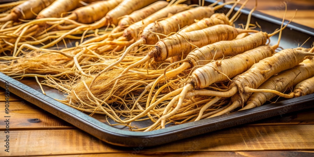 Freshly harvested Panax ginseng roots stacked on a tray, highlighting ...