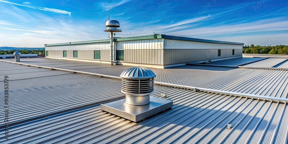 Lightning rod and ventilation system on commercial building roof ...