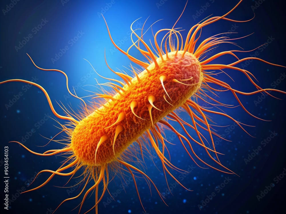 Vibrant orange E. coli bacterium with flagella, rendered in 3D, rotates ...