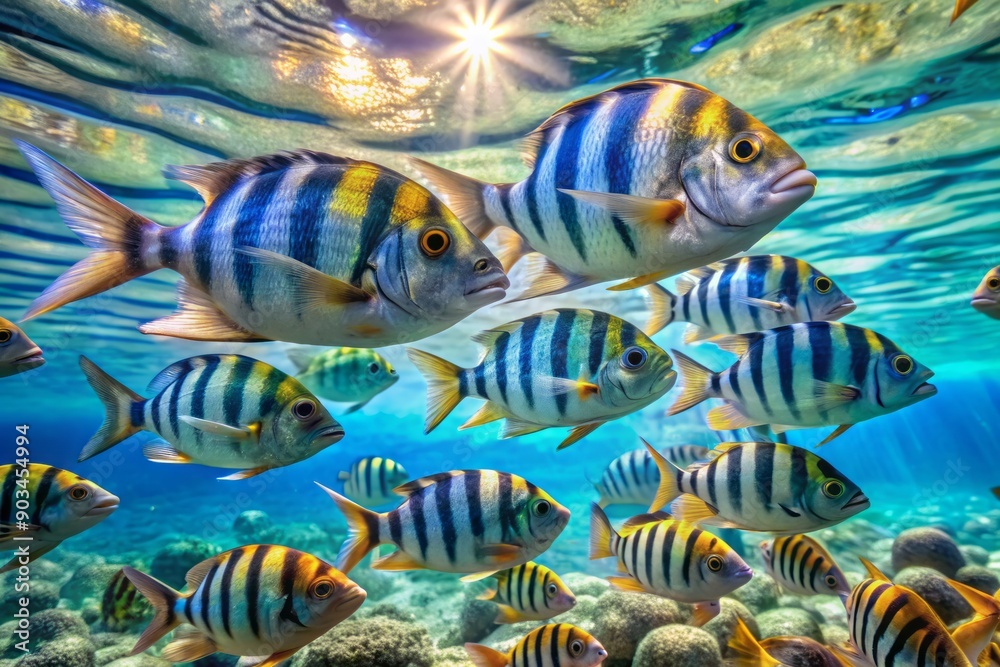 Vibrant striped sergeant fish swarm together in a mesmerizing display ...
