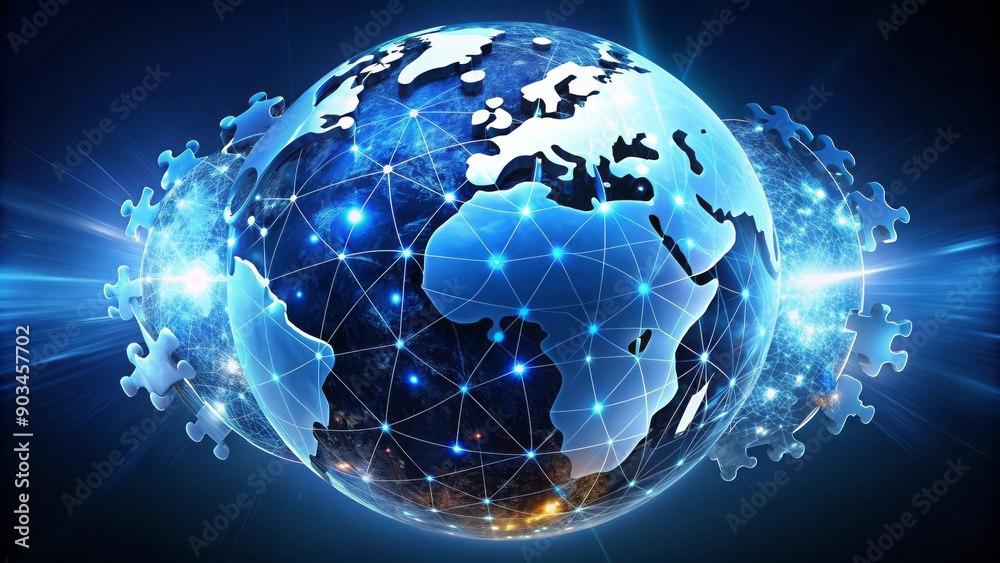 Diverse interconnected puzzle pieces on a glowing blue globe ...
