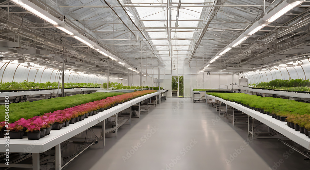 the interior of a modern greenhouse with rows of vibrant plants ...