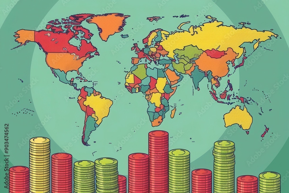 Illustrated world map highlighting regions with stacks of coins ...