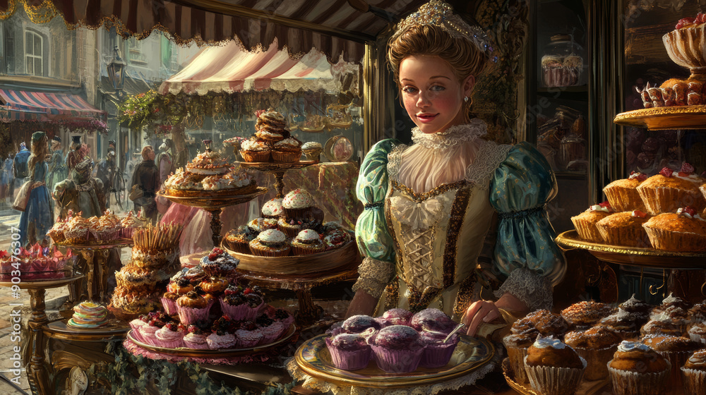 Include historical elements, such as a medieval market stall selling ...