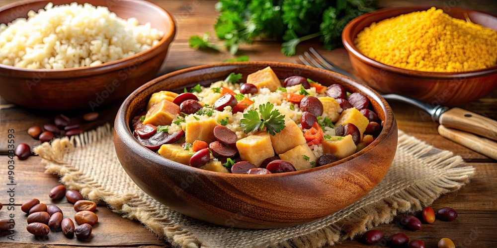 Traditional Brazilian dish Feijao tropeiro with beans, sausage, bacon ...