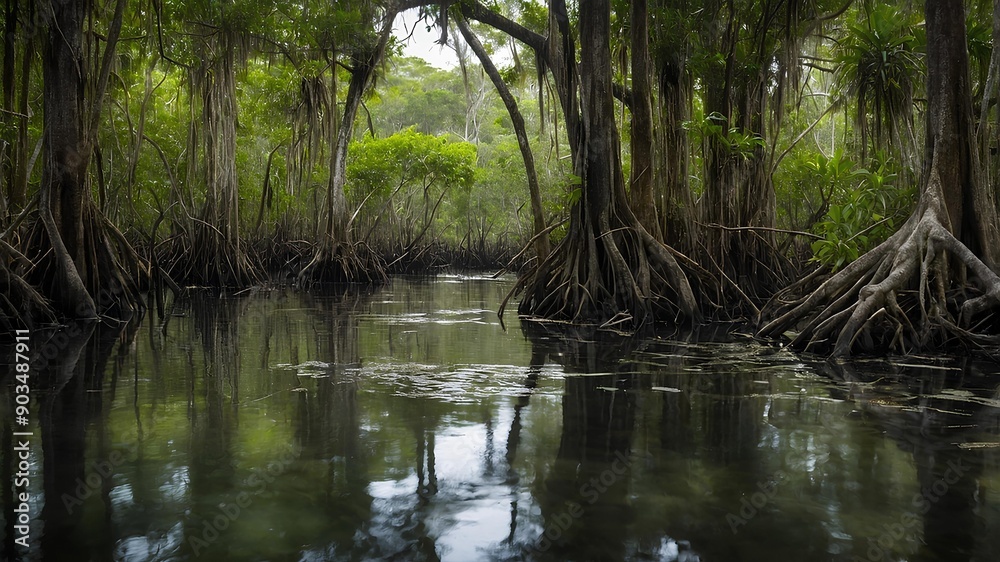 Rainforest Swamp Areas. Dense mangroves, murky waters, and diverse ...