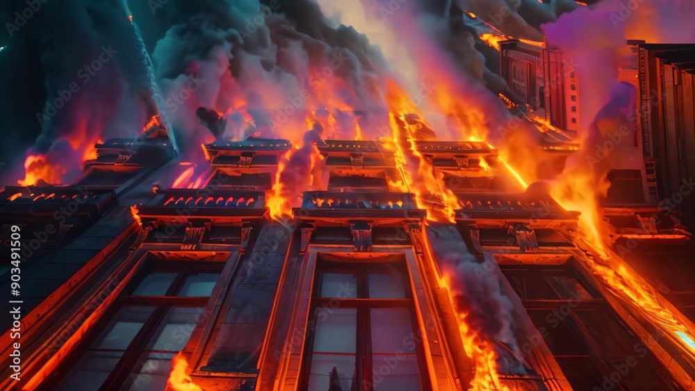 A very tall building with a lot of fire coming out of it, flames ...