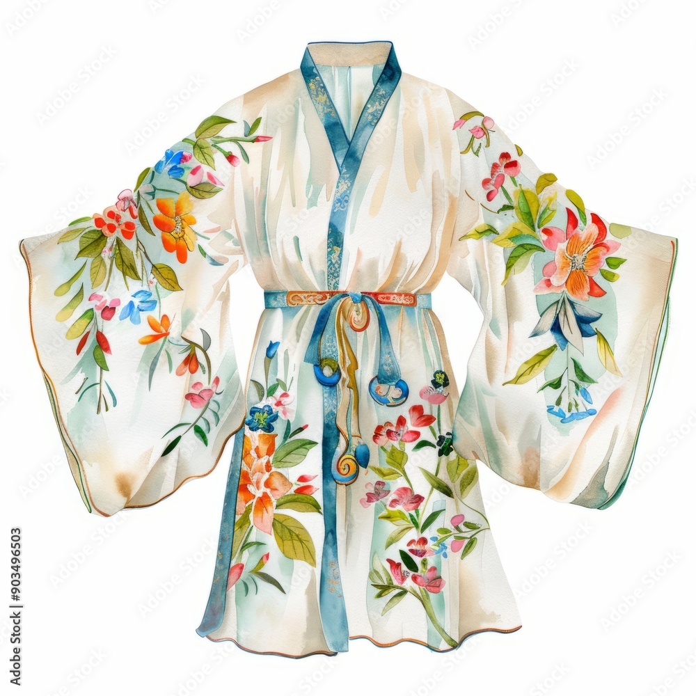 Watercolor painting of a beautiful Chinese silk robe with floral ...