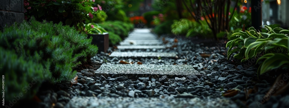 A stone-paved path guides to a garden, lined with flowers and greenery ...