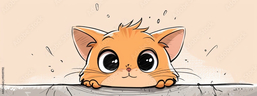 A cartoon cat hiding behind a rain-splattered wall, peeks out ...