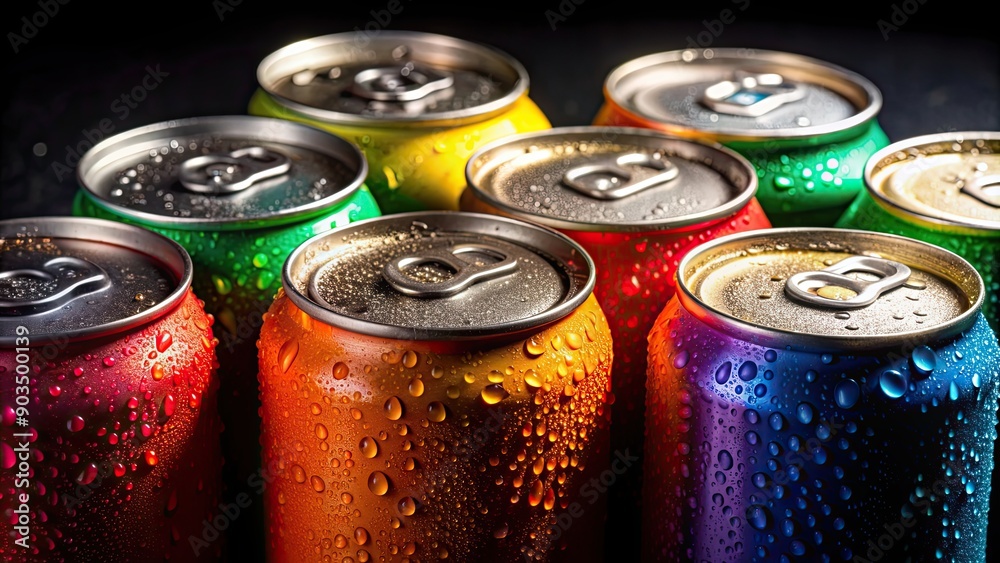Brightly colored soda cans with condensation on a dark background ...