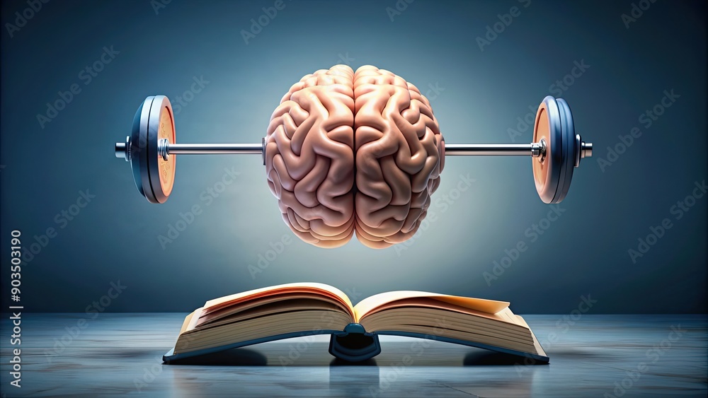 Human brain lifting weights while reading a book, symbolizing personal growth and expanding ...