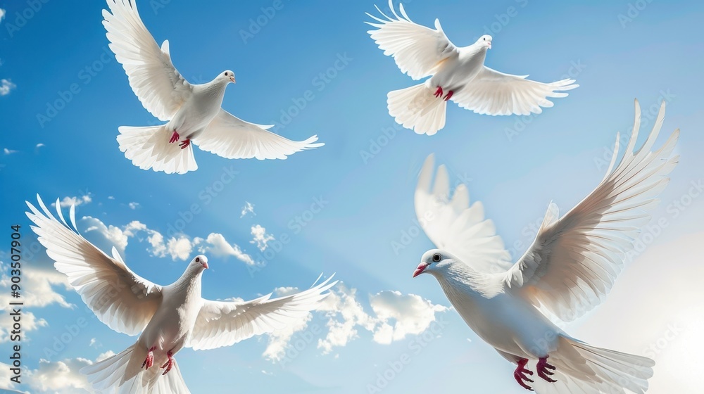 White doves soaring in the sky as symbols of peace and spirituality ...