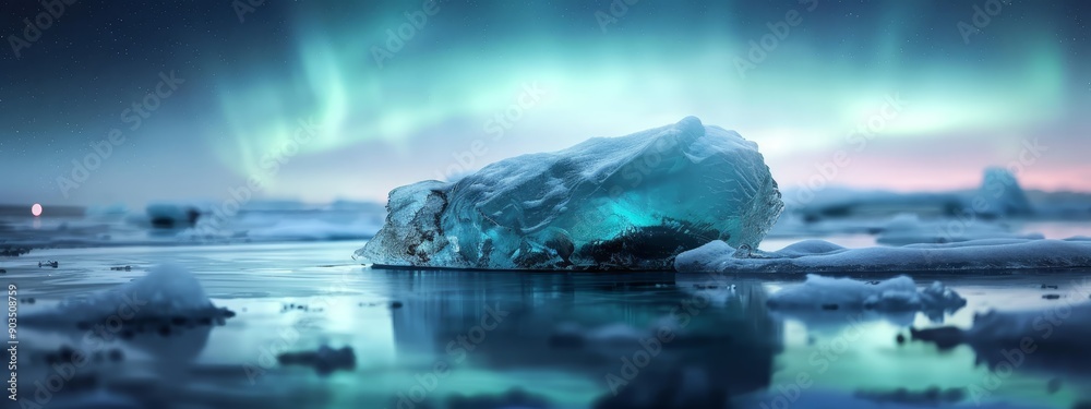 A large iceberg floats on a body of water, its peak jutting above the ...