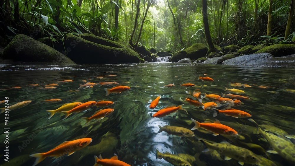 ภาพประกอบสต็อก Rainforest Streams. Diverse fish species swimming in ...