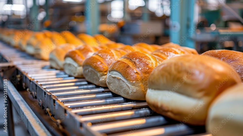 Bread Production Process In A Factory With Bread On A Conveyor Belt