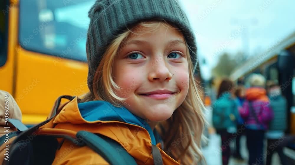 Happy children boarding a classic yellow school bus with big smiles on ...
