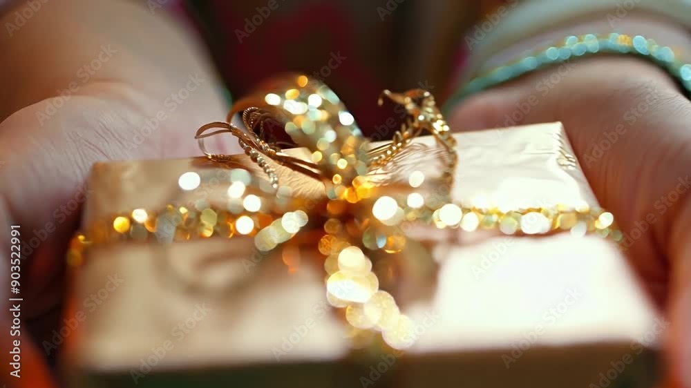 close-up of hands exchanging beautifully wrapped gifts on Eid ...