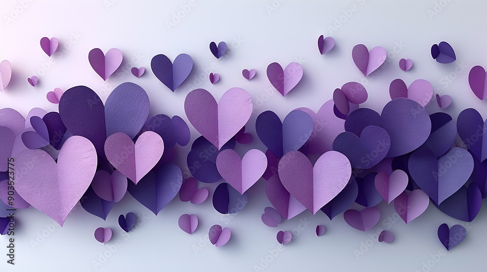 A cluster of purple heart shapes against a white-blue backdrop ...