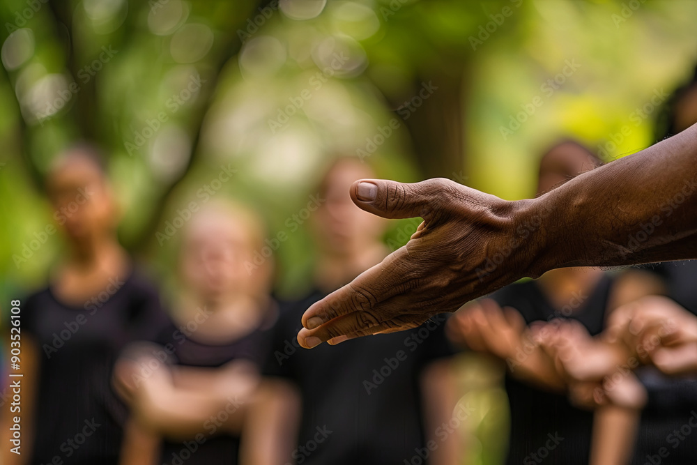 Person offering a hand to another in front of a group, symbolizing ...